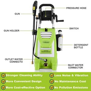 Pressure Washer mrliance Electric Power Washer 2.9GPM High Pressure Washer MR3000 Professional Car Washer with Hose Reel, 5 Nozzles, Soap Bottle for Cleaning Houses Driveways Fences Garden (Green)