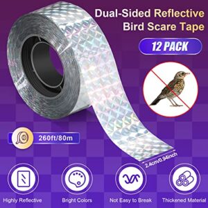 12 Rolls 262 ft Bird Scare Tape Dual Sided Ribbon Flash Bird Scare Ribbon Devices Anti Bird Outdoor Devices to Keep Away Pigeon Woodpeckers Herons Blackbirds