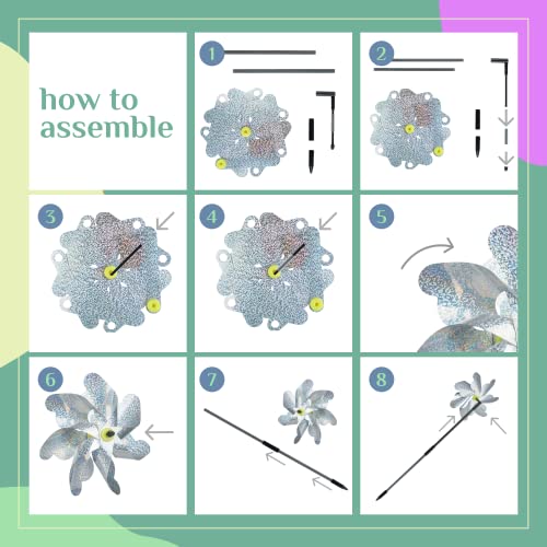 BIRD BLINDER Premium Repellent PinWheels – Sparkly Holographic Pin Wheel Spinners Scare Off Birds and Pests (Set of 8) - Easy Assembling Bird Repellent Devices Outdoor - Humanely Keep Birds Away