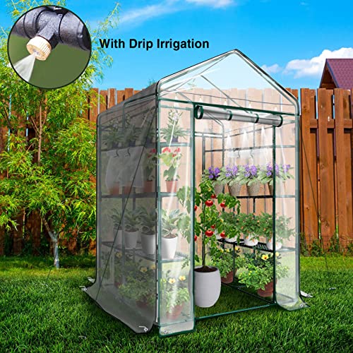 Solution4Patio Mini Walk-in Greenhouse W/Drip Irrigation 4 Tier 16 Shelves Portable for Indoor/Outdoor, invernadero, Transparent Thick Cover, Heavy Duty Frame, 47.3 in. W x 67 in. D x 76.4 in. H