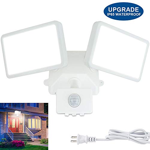 DLLT LED Motion Sensor Outdoor Light, 20W 6000k Plug in Security Lights 2 Adjustable Heads IP65 Waterproof Motion Detected Flood Light for Garage Yard Garden Porch