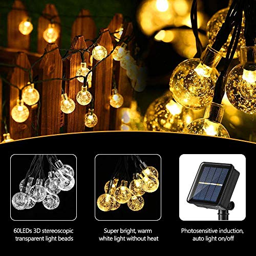 Joomer Outdoor Solar String Lights 45.5Ft 60 LED Solar Powered String Lights Waterproof,8 Modes Crystal Ball Lights Solar Fairy Patio Lights for Garden, Lawn, Porch, Gazebo, Bistro(Warm White)