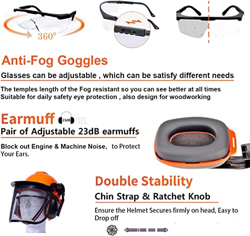 Chainsaw Helmet with Safety Face Shield and Ear Muffs, Helmet for Chainsaw Use, Safety Helmet Removable Anti-Fog Goggles by SUNHOO