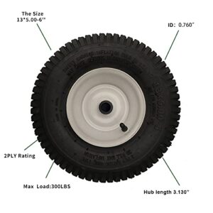 2 Pack 13x5.00-6 Lawn Tractor Pneumatic wheel,Wheelbarrow tire Turf Tread,3.13" hub length with steel rim,Flange ID 0.76''