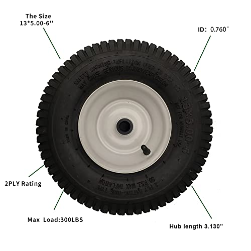 2 Pack 13x5.00-6 Lawn Tractor Pneumatic wheel,Wheelbarrow tire Turf Tread,3.13" hub length with steel rim,Flange ID 0.76''