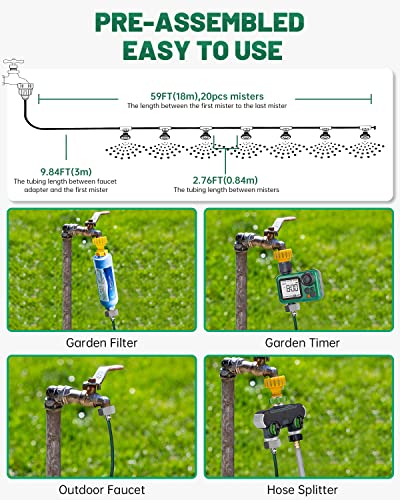 Misters for Outside Patio - 59FT(18M) Mister System, 20 Brass Nozzles Misting System, Patio Mister, Misting Cooling System for Patio, Garden, Greenhouse, Deck, Trampoline for waterpark