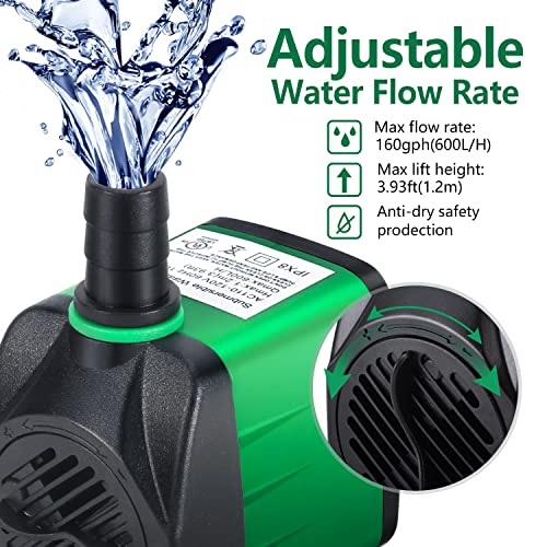 CWKJ Fountain Pump, 160GPH (10W 600L/H) Water Fountain Pump, Outdoor Submersible Fountain Pump with 4.9ft Tubing (ID x 1/3-Inch), 3 Nozzles for Aquarium, Pond, Fish Tank, Water Pump Hydroponics