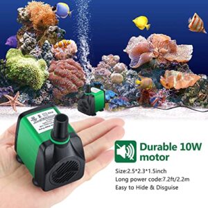 CWKJ Fountain Pump, 160GPH (10W 600L/H) Water Fountain Pump, Outdoor Submersible Fountain Pump with 4.9ft Tubing (ID x 1/3-Inch), 3 Nozzles for Aquarium, Pond, Fish Tank, Water Pump Hydroponics