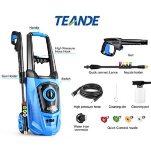 Power Washer, TEANDE MAX PSI Pressure Washer 1.9GPM 1800W Electric High Pressure Washer Professional Car Washer Cleaner Machine with Hose Reel ,5 Nozzles for Patio Garden Yard Vehicle