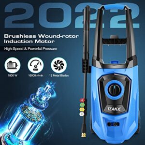 Power Washer, TEANDE MAX PSI Pressure Washer 1.9GPM 1800W Electric High Pressure Washer Professional Car Washer Cleaner Machine with Hose Reel ,5 Nozzles for Patio Garden Yard Vehicle