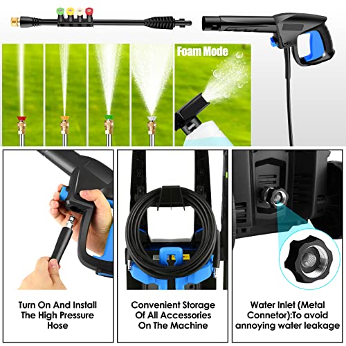 Power Washer, TEANDE MAX PSI Pressure Washer 1.9GPM 1800W Electric High Pressure Washer Professional Car Washer Cleaner Machine with Hose Reel ,5 Nozzles for Patio Garden Yard Vehicle