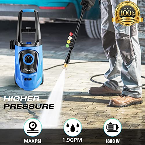 Power Washer, TEANDE MAX PSI Pressure Washer 1.9GPM 1800W Electric High Pressure Washer Professional Car Washer Cleaner Machine with Hose Reel ,5 Nozzles for Patio Garden Yard Vehicle