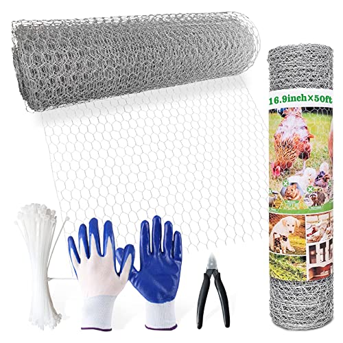 Chicken Wire Fencing Mesh 16.9IN x 50FT, Poultry Wire Netting Hexagonal Galvanized Mesh Garden Fence Barrier for Pet Rabbit Chicken Coop Cage with Mini Cutting Pliers, Wire Ties and Gloves, Silver