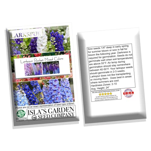 Larkspur Rocket Mix Colors Blend Flower Seeds, 250+ Flower Seeds Per Packet, (Isla's Garden Seeds), Non GMO & Heirloom Seeds, Botanical Name: Delphinium ajacis, Great Home Garden Gift