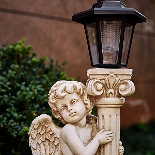 Angel Statue with Solar Lights (Left) 19.7 Inch, Solar Cherub Angel Garden Statue with Roma Pillar for Garden Decor, Porch, Patio, Yard Art Decorations, Polyresin