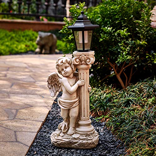 Angel Statue with Solar Lights (Left) 19.7 Inch, Solar Cherub Angel Garden Statue with Roma Pillar for Garden Decor, Porch, Patio, Yard Art Decorations, Polyresin