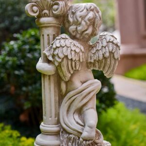 Angel Statue with Solar Lights (Left) 19.7 Inch, Solar Cherub Angel Garden Statue with Roma Pillar for Garden Decor, Porch, Patio, Yard Art Decorations, Polyresin