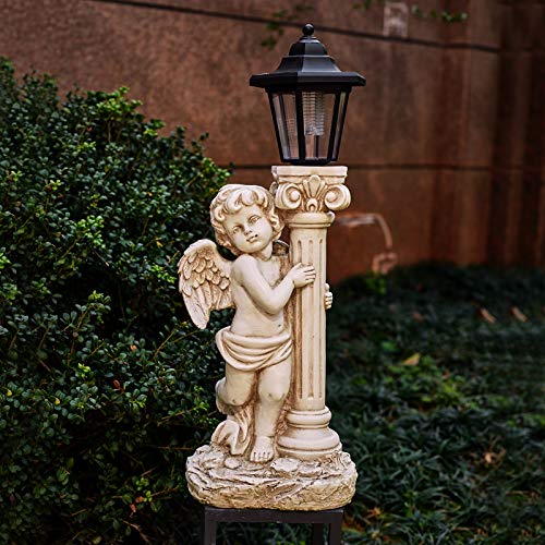 Angel Statue with Solar Lights (Left) 19.7 Inch, Solar Cherub Angel Garden Statue with Roma Pillar for Garden Decor, Porch, Patio, Yard Art Decorations, Polyresin