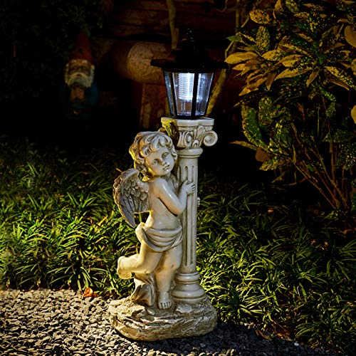 Angel Statue with Solar Lights (Left) 19.7 Inch, Solar Cherub Angel Garden Statue with Roma Pillar for Garden Decor, Porch, Patio, Yard Art Decorations, Polyresin