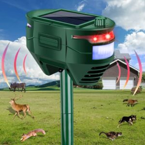 ultrasonic animal repeller outdoor waterproof solar animal deterrent with motion sensor and flashing lights, yard farm garden repellent for cat squirrel dog rabbit raccoon skunk fox deer and more