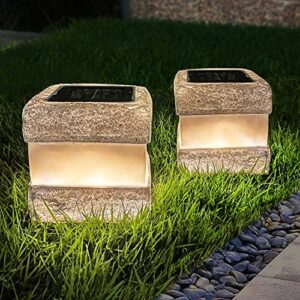 2 pack solar garden lights, fake rock lights for outdoor pathway yard, solar waterproof decorative rocks lantern for landscape decor gery