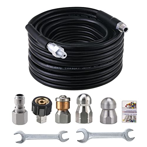 Tool Daily Sewer Jetter Kit for Pressure Washer, 50 FT Hose, 1/4 Inch NPT, Corner, Rotating and Button Nose Sewer Jetting Nozzle, 3600 PSI