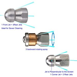 Tool Daily Sewer Jetter Kit for Pressure Washer, 50 FT Hose, 1/4 Inch NPT, Corner, Rotating and Button Nose Sewer Jetting Nozzle, 3600 PSI