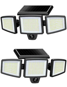 outdoor solar powered flood lights with movement detection, 210 led 2500lm 6500k, ip65 all-weather resistance, 3 adjustable heads, 270° wide angle, light for garage patio porch garden yard – 2 pcs