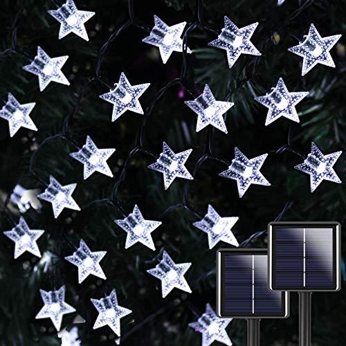 White 2-Pack 200 LED 40FT Star Solar String Lights Outdoor, Star Solar Lights Outdoor Decorative, 8 Modes Solar Powered Twinkle Fairy Lights Decoration for Ramadan, Garden, Party (Cool White)