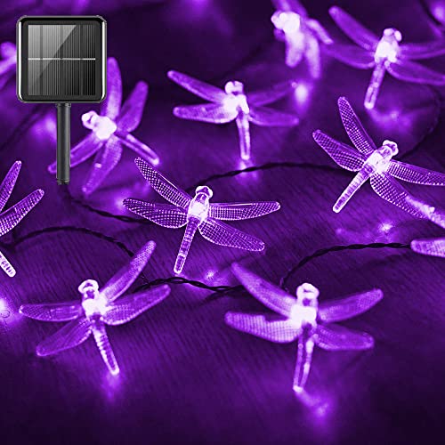 Dragonfly Solar String Lights, 30LED 21ft 8 Modes Outdoor Waterproof Crystal Dragonfly Fairy Lighting for Christmas Trees, Garden, Patio, Fence, Wedding, Party and Holiday Decorations (Purple)