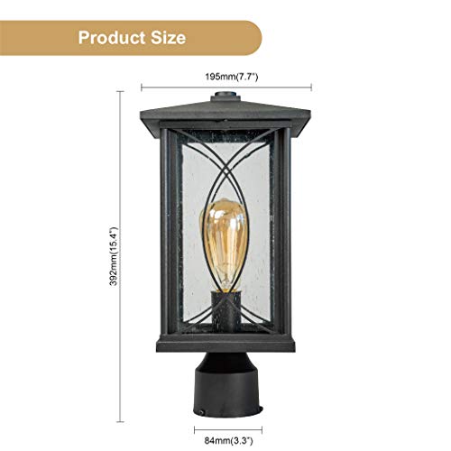 JETIMA Outdoor Post Light Black Finish Waterproof Pole Lantern Lighting Fixture with Tempered Clear Seeded Glass for Patio, Garden, Yard, Balcony, Pathway