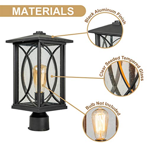 JETIMA Outdoor Post Light Black Finish Waterproof Pole Lantern Lighting Fixture with Tempered Clear Seeded Glass for Patio, Garden, Yard, Balcony, Pathway