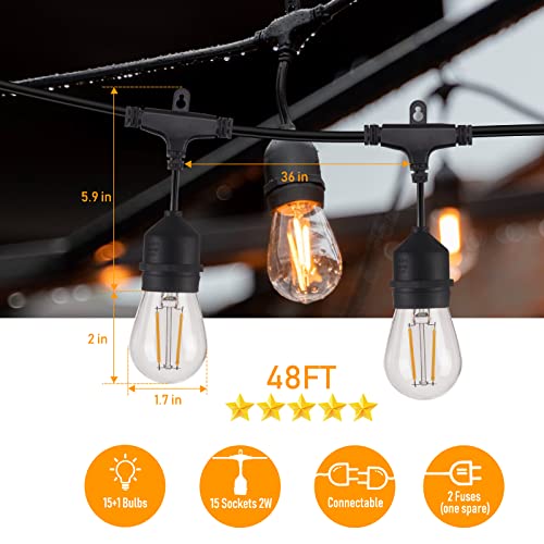 Outdoor String Lights - 48FT LED Patio Lights, 15PCS 2W Edison Lights with UL Listed Commercial Grade Strand, IP65 Waterproof Hanging String Lights for Outside Cafe Backyard Garden Party, Warm White