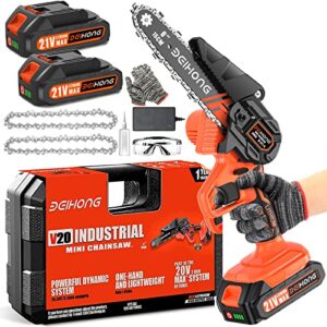 mini chainsaw cordless 6-inch with 2 battery, mini power chain saw with security lock, handheld small chainsaw for tree trimming wood cutting