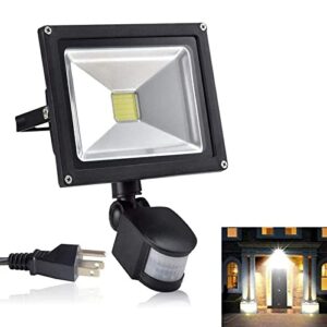 dllt 30w led plug in motion sensor lights outdoor, 2400lm flood light motion detected spotlight, ip66 waterproof exterior security light for garage/yard/garden/driveway/front door, 6000k white light