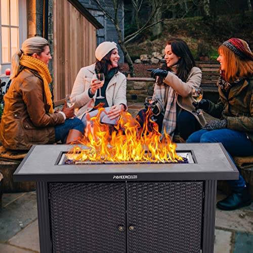 44 Inch Propane Fire Pit Table, PioneerWorks 50000BTU Rectangle Fire Table with Double-Sided Cover, Separate Storage Space, Slate Tabletop&Hidden Ignition, CSA Certified, Companion for Your Garden