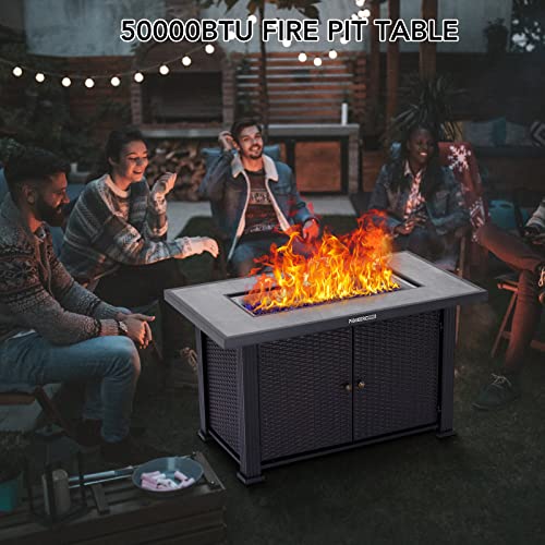 44 Inch Propane Fire Pit Table, PioneerWorks 50000BTU Rectangle Fire Table with Double-Sided Cover, Separate Storage Space, Slate Tabletop&Hidden Ignition, CSA Certified, Companion for Your Garden