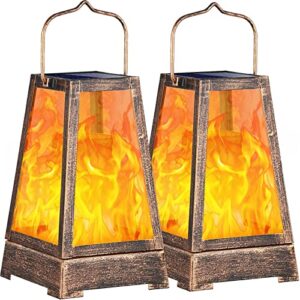 tomcare solar lantern outdoor waterproof flickering flame metal hanging solar lights decorative outdoor lanterns solar powered led flame lights outdoor decorations for patio garden yard deck, 2 pack