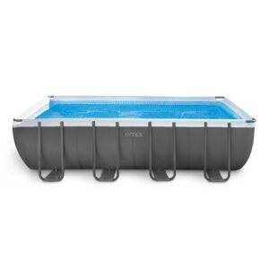 intex 18ft x 9ft x 52in ultra frame rectangular pool set with sand filter pump, ladder, ground cloth & pool cover