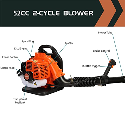 Leaf Blower Gas Powered with Adjustable Backpack Strap, 550 CFM 6800 RPM(r/min) 52cc 2-Stroke Cordless Strong Wind Force ABS Backpack Snow Blowerr for Outdoor Yard Garden Snowfield & Meadowland