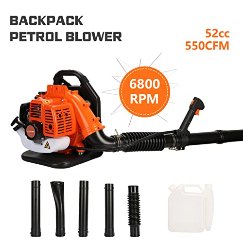 Leaf Blower Gas Powered with Adjustable Backpack Strap, 550 CFM 6800 RPM(r/min) 52cc 2-Stroke Cordless Strong Wind Force ABS Backpack Snow Blowerr for Outdoor Yard Garden Snowfield & Meadowland