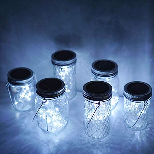 Cynzia Solar Mason Jar Lights, 6 Pack 10 LED Jar Lid String Lights with 6 Hangers(No Jars), Waterproof Fairy Firefly Light for Garden, Patio, Outdoor, Yard, Lawn Decor(Cold White)