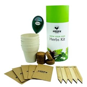 Awake Farms Indoor Herb Garden Seed Starter Kit – Indoor Grow Kit with Bamboo Pots, Soil Discs, Moisture Meter, Plant Markers, Seeds - Herb Seeds Variety Pack Indoor – Ideal for Balcony, Windowsill