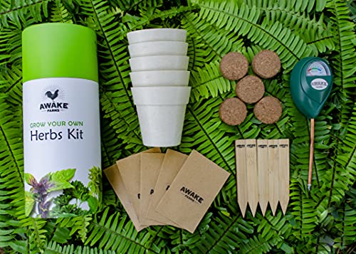 Awake Farms Indoor Herb Garden Seed Starter Kit – Indoor Grow Kit with Bamboo Pots, Soil Discs, Moisture Meter, Plant Markers, Seeds - Herb Seeds Variety Pack Indoor – Ideal for Balcony, Windowsill