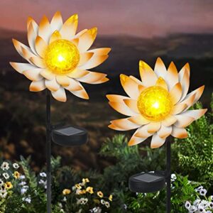 nan zai nan fang solar lights outdoor garden decor, 2 pack crackle globe glass metal solar lotus lights, waterproof solar lotus stake light for patio,lawn,yard,walkway,pathway(yellow)