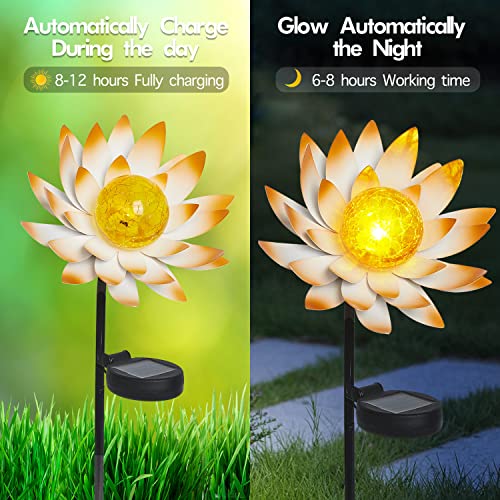 NAN ZAI NAN FANG Solar Lights Outdoor Garden Decor, 2 Pack Crackle Globe Glass Metal Solar Lotus Lights, Waterproof Solar Lotus Stake Light for Patio,Lawn,Yard,Walkway,Pathway(Yellow)