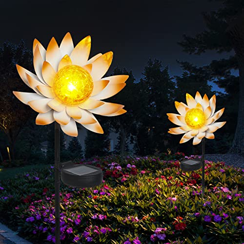 NAN ZAI NAN FANG Solar Lights Outdoor Garden Decor, 2 Pack Crackle Globe Glass Metal Solar Lotus Lights, Waterproof Solar Lotus Stake Light for Patio,Lawn,Yard,Walkway,Pathway(Yellow)