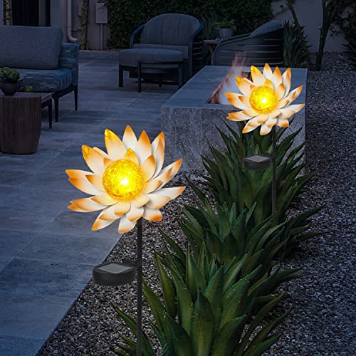 NAN ZAI NAN FANG Solar Lights Outdoor Garden Decor, 2 Pack Crackle Globe Glass Metal Solar Lotus Lights, Waterproof Solar Lotus Stake Light for Patio,Lawn,Yard,Walkway,Pathway(Yellow)