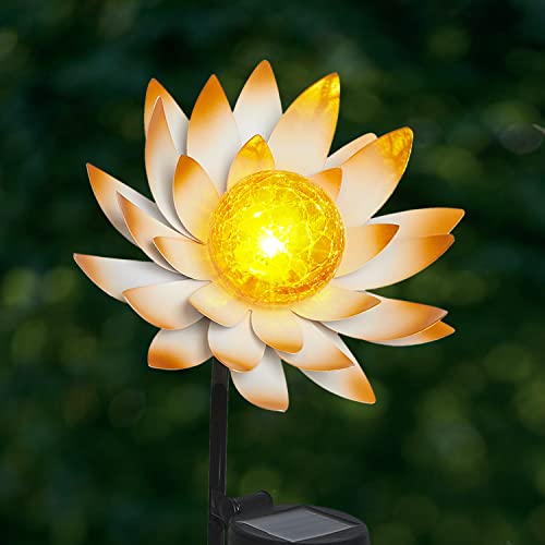 NAN ZAI NAN FANG Solar Lights Outdoor Garden Decor, 2 Pack Crackle Globe Glass Metal Solar Lotus Lights, Waterproof Solar Lotus Stake Light for Patio,Lawn,Yard,Walkway,Pathway(Yellow)