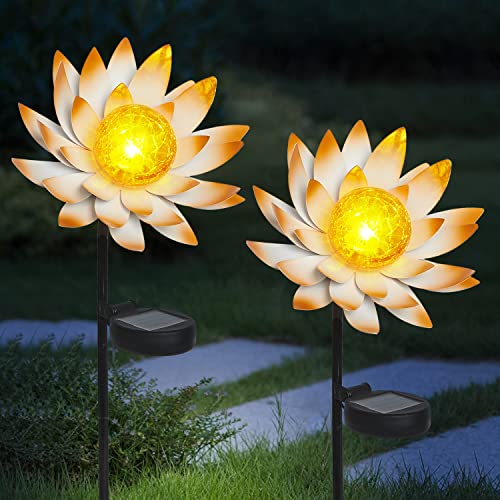 NAN ZAI NAN FANG Solar Lights Outdoor Garden Decor, 2 Pack Crackle Globe Glass Metal Solar Lotus Lights, Waterproof Solar Lotus Stake Light for Patio,Lawn,Yard,Walkway,Pathway(Yellow)